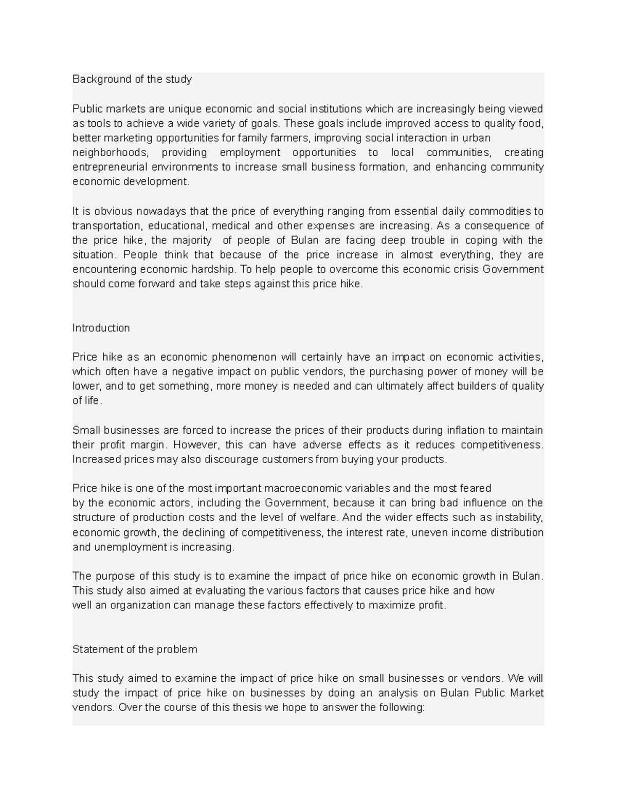 Price hike - Effect of inflation - Background of the study Public ...