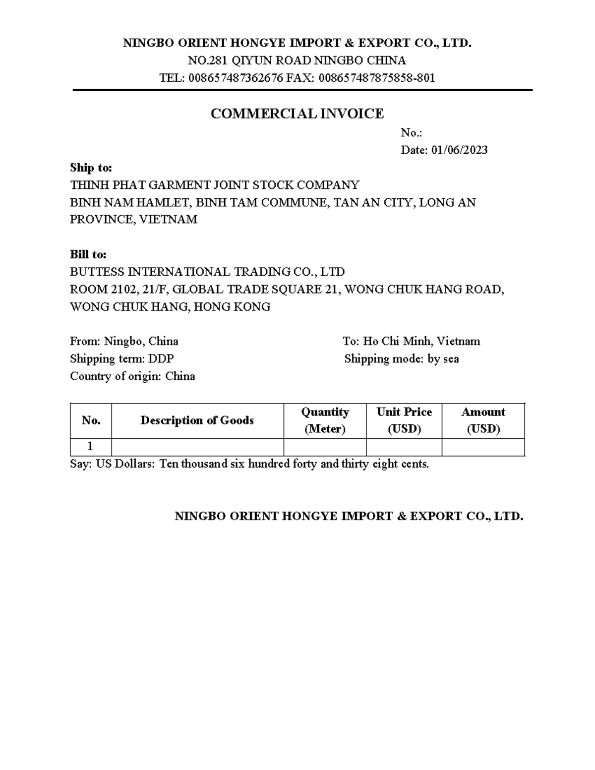 Commercial Invoice - NINGBO ORIENT HONGYE IMPORT & EXPORT CO., LTD. NO ...
