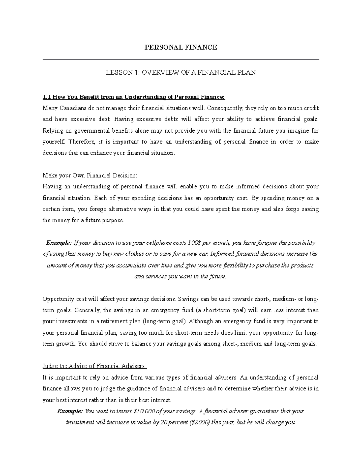 Personal Finance - lesson 1 overview - PERSONAL FINANCE LESSON 1 ...