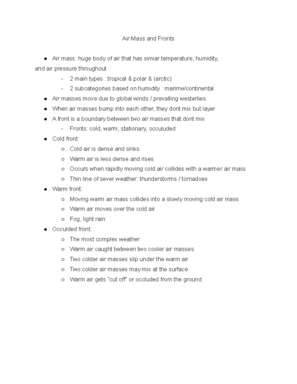 Air Mass and Fronts - Lecture notes, some research done separately ...