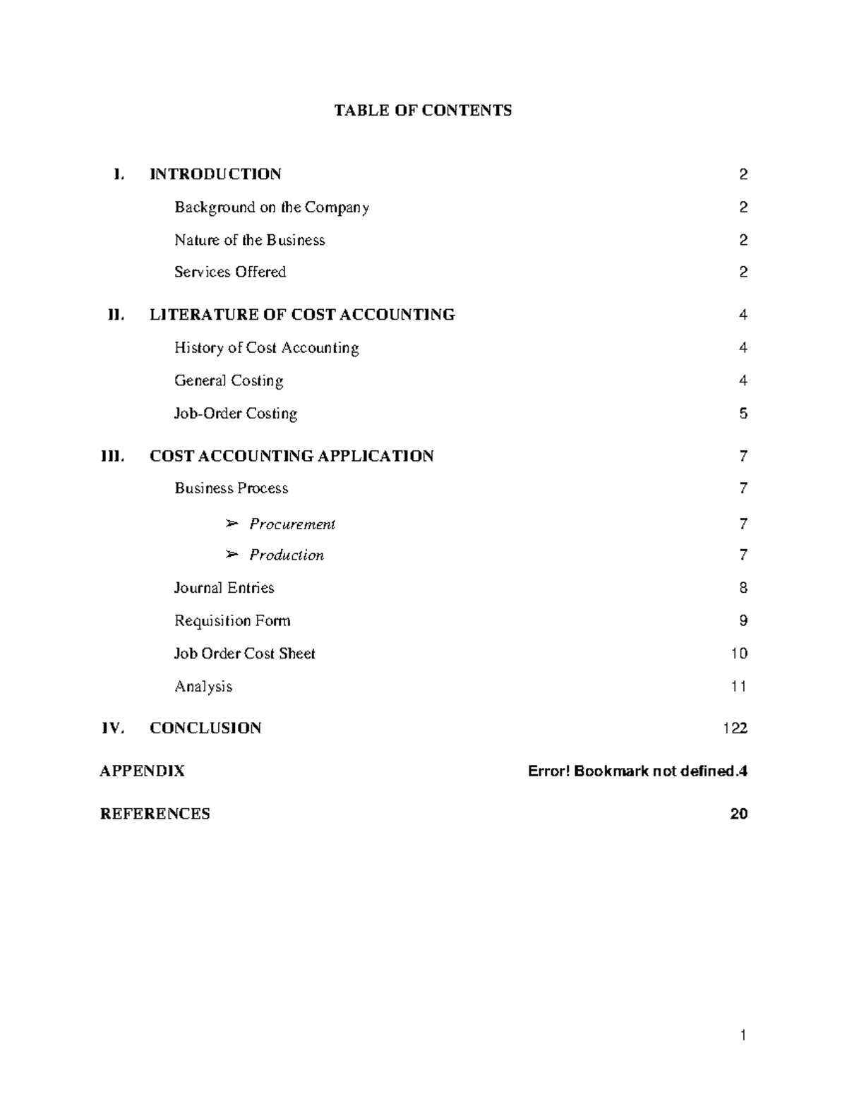 Cost Accounting Case Study - TABLE OF CONTENTS INTRODUCTION Background ...