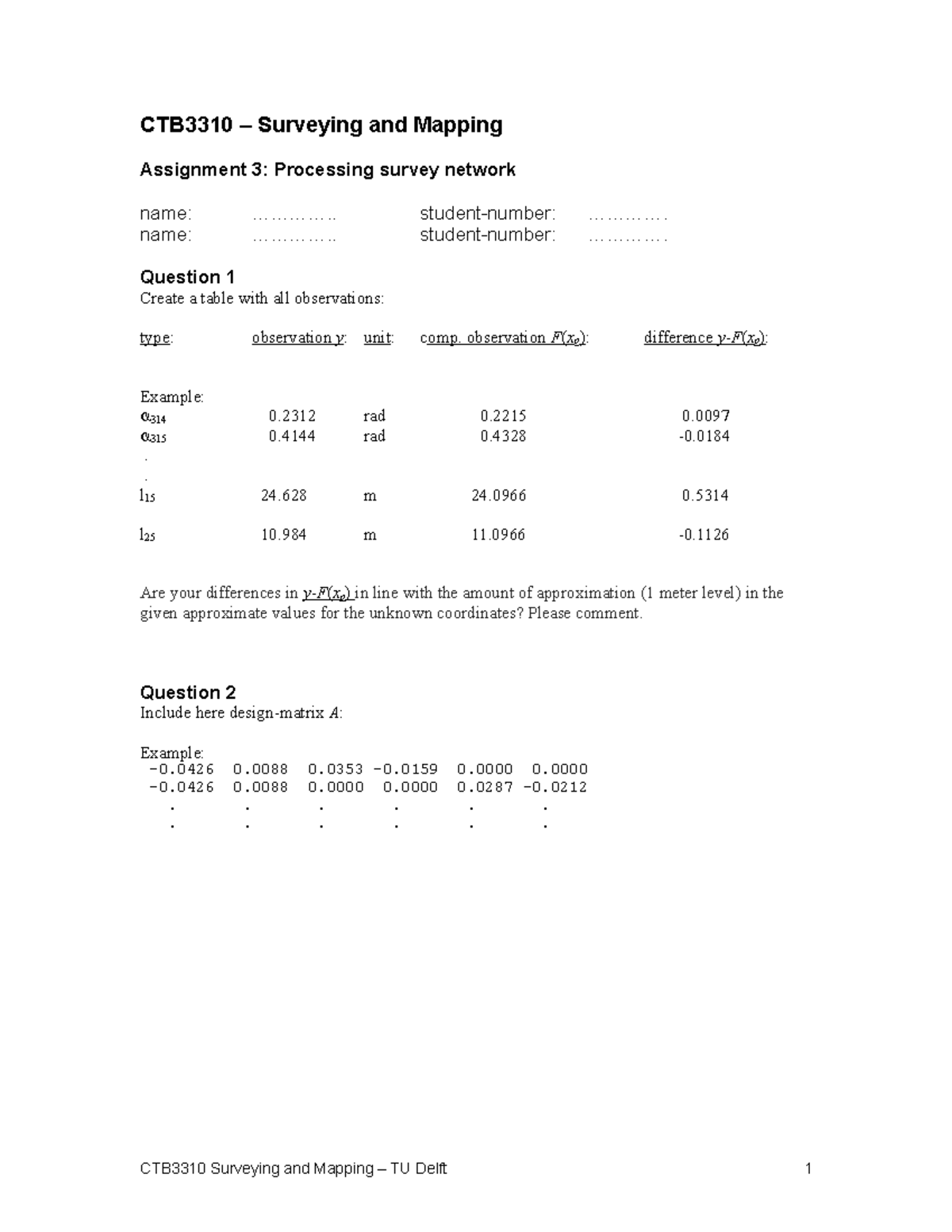 CTB3310 surveynetwork assignment Answer Sheet template 2022 - CTB3310 – Surveying and Mapping ...