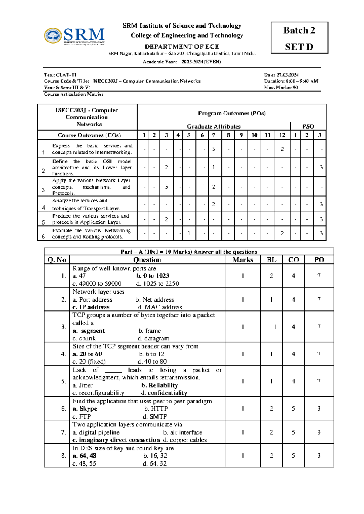 CCN CT3 2023-2024 set D batch 2 - SRM Institute of Science and Technology College of Engineering ...