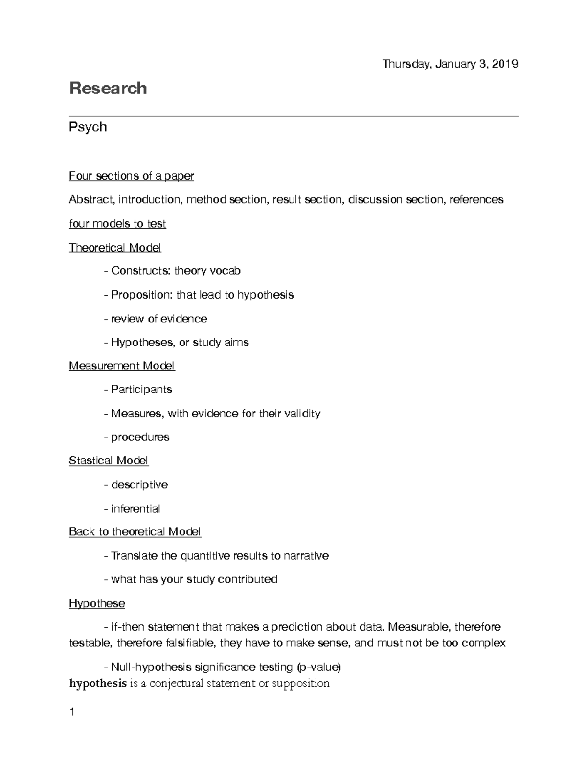 Psych research - Notes during lecture - Research Psych Four sections of ...