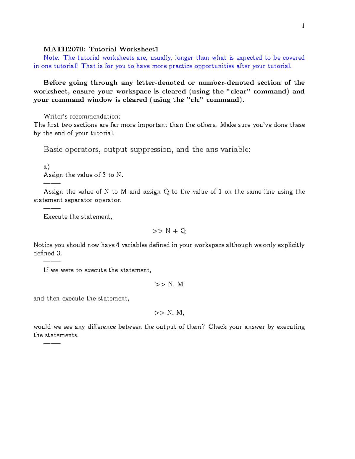 Worksheet 1 - matlab - MATH2070: Tutorial Worksheet Note: The tutorial ...