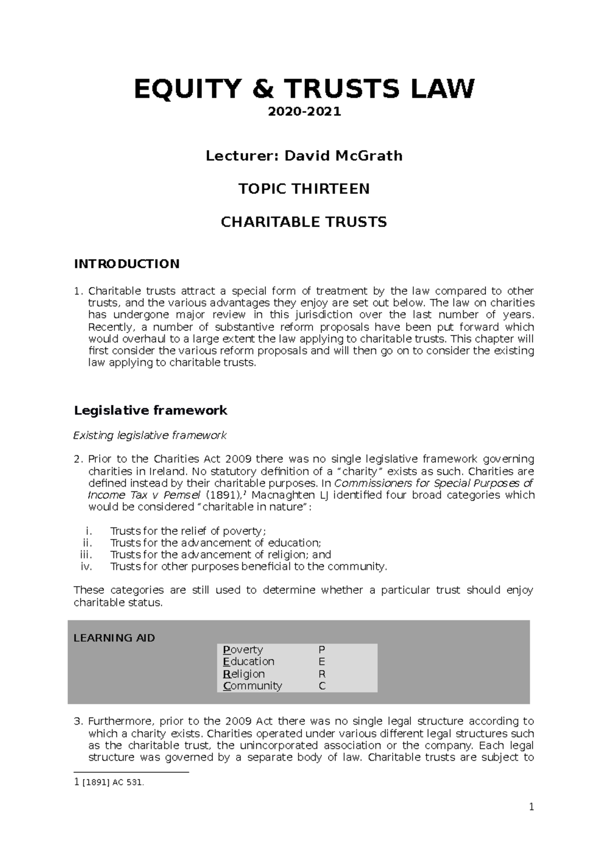 Charitable Trusts Notes - EQUITY & TRUSTS LAW 2020- Lecturer: David ...