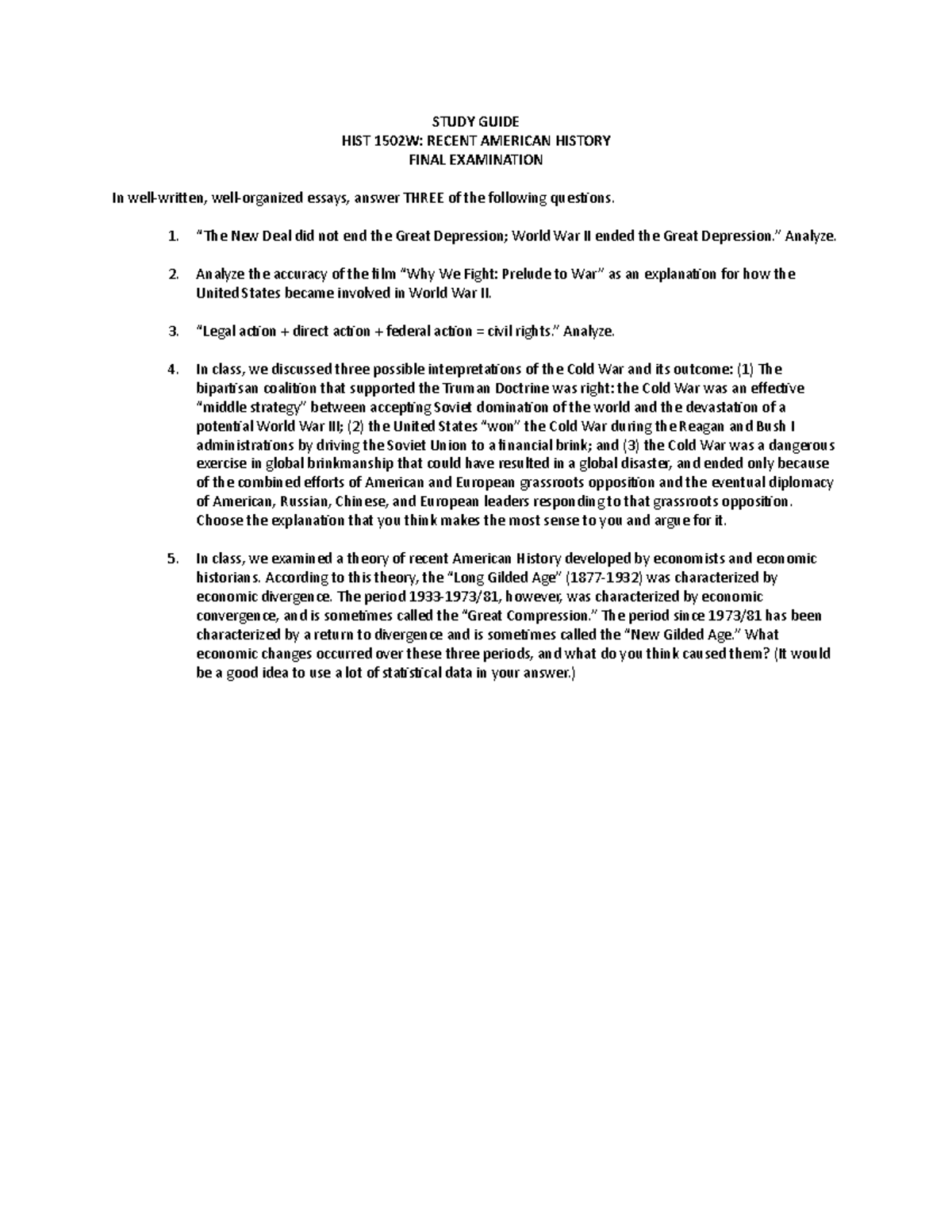 Course, U. S. History II, Final EXAM, Uconn, 2022, Spring - STUDY GUIDE ...