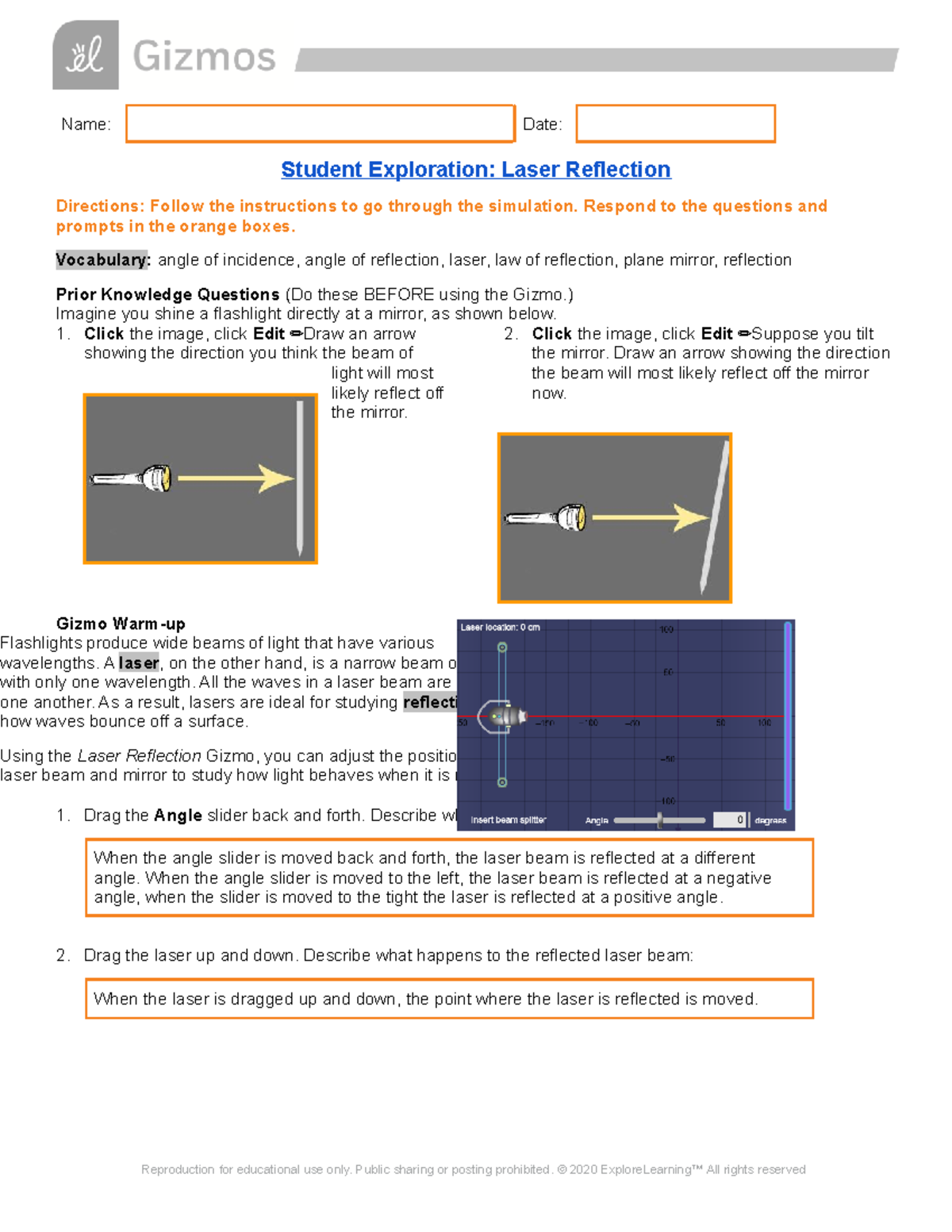 Copy of Copy of Laser Reflection SE - Name: Date: Student Exploration ...