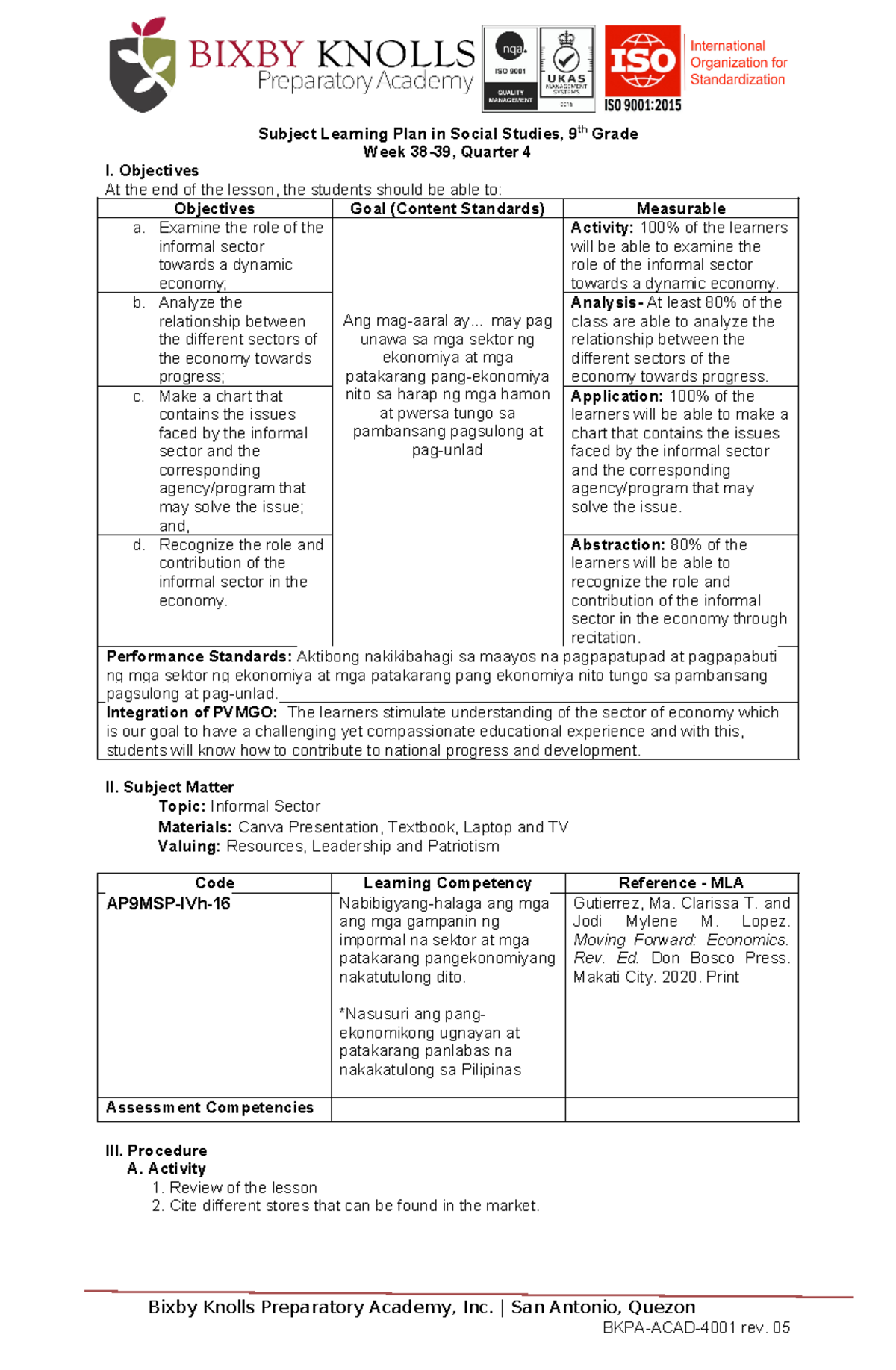 Social Studies 9-Q4-W38-W39- Informal Sector - Subject Learning Plan in ...