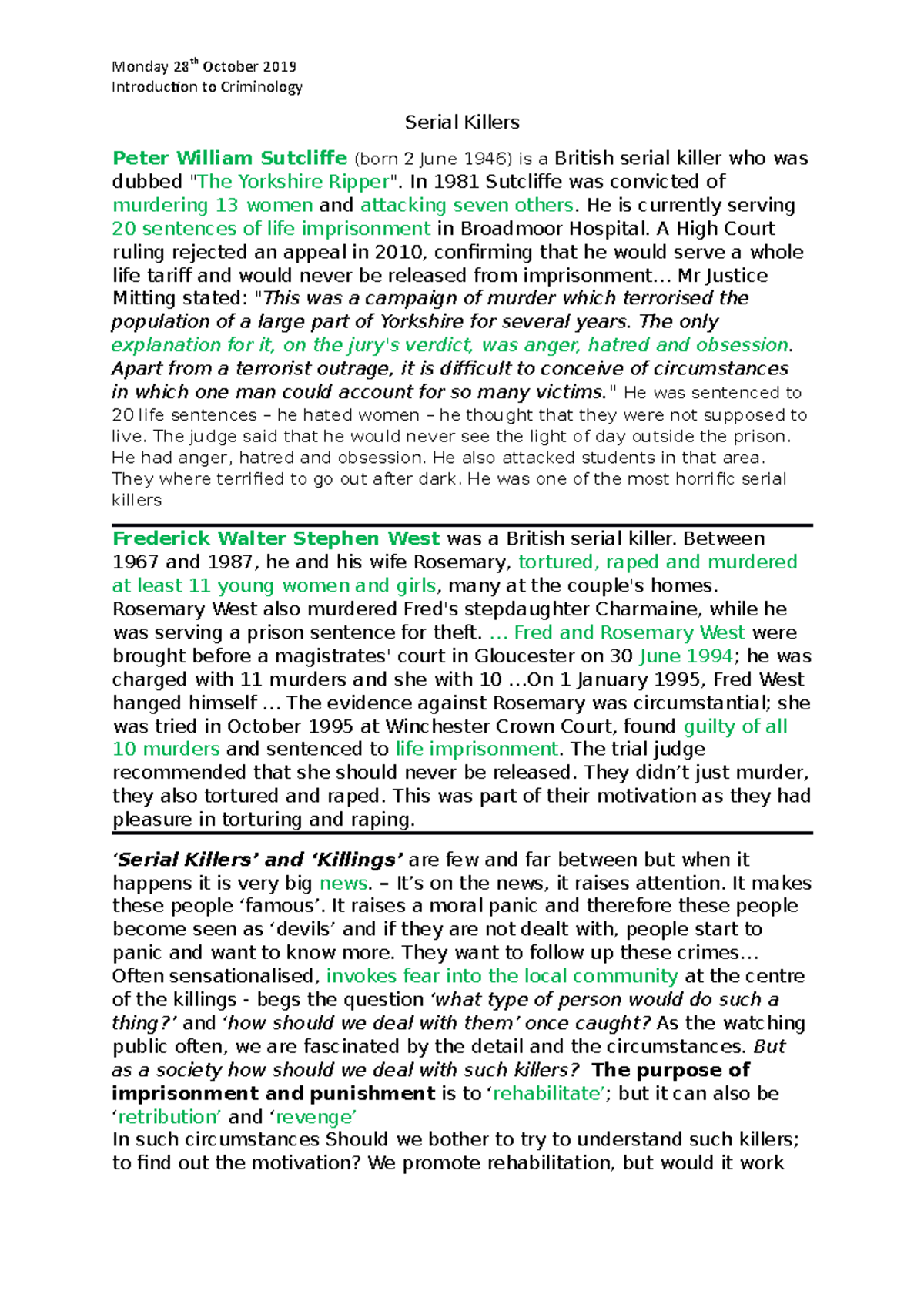 6.2 Serial Killers - Lecture notes 6 - Monday 28th October 2019 ...