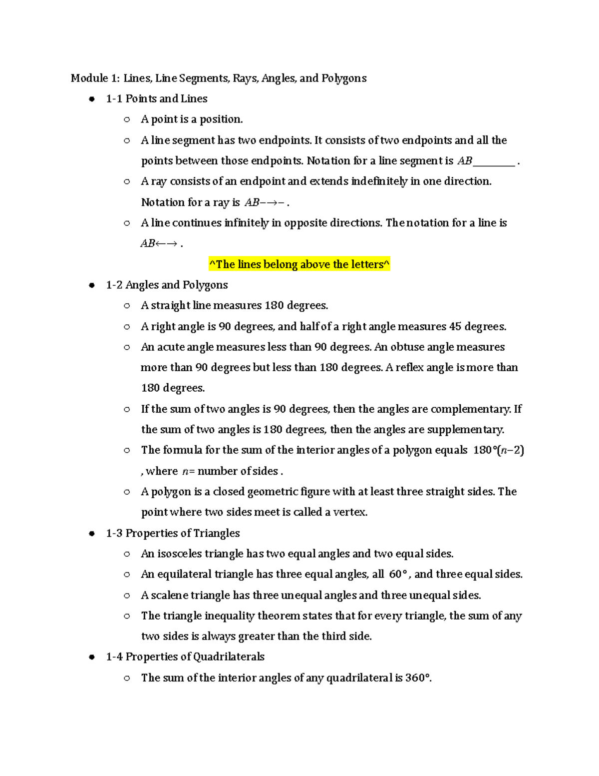 Unit 1 Geometric Shapes and Properties - Module 1: Lines, Line Segments ...