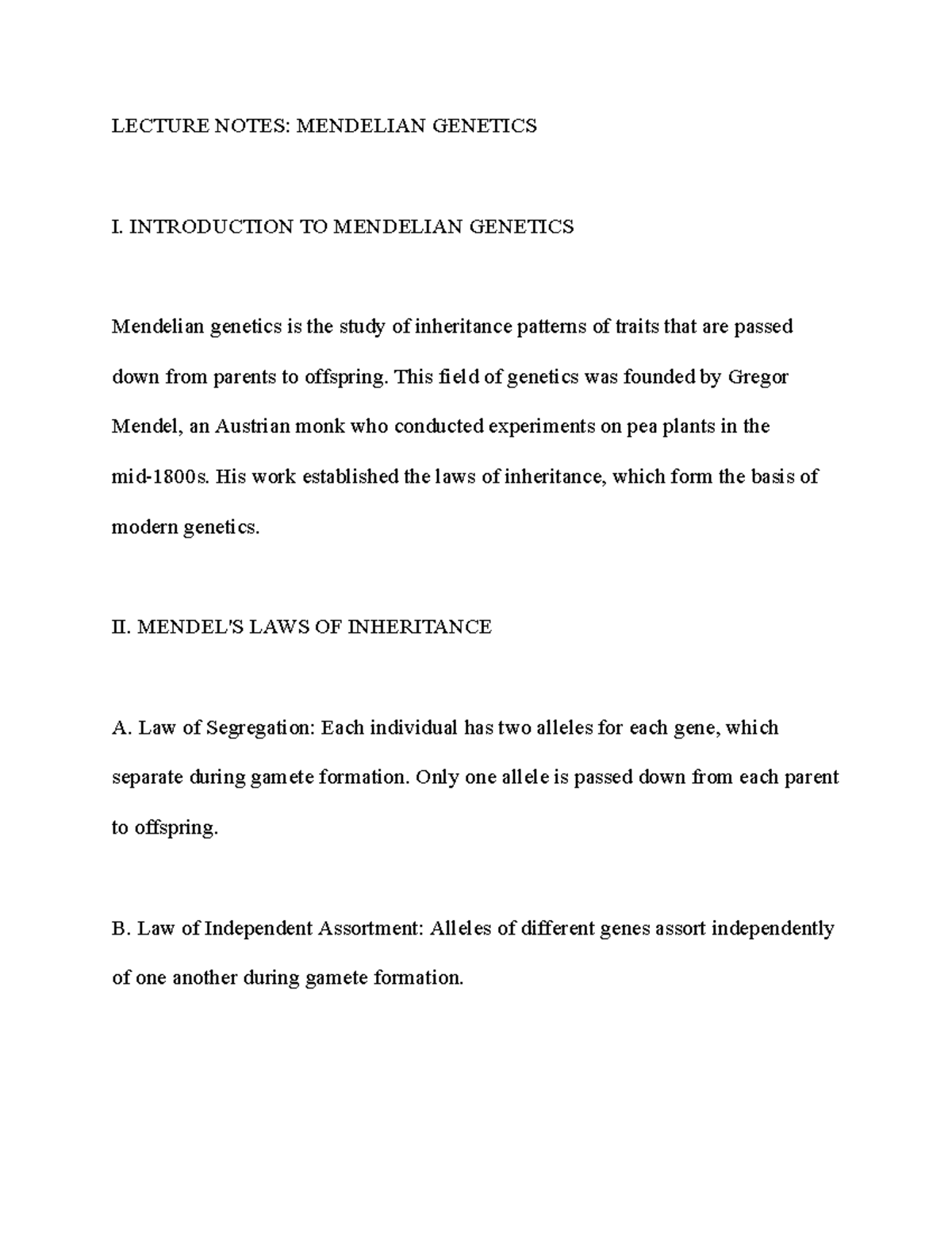 Mendelian Genetics - Google Docs - LECTURE NOTES: MENDELIAN GENETICS I ...