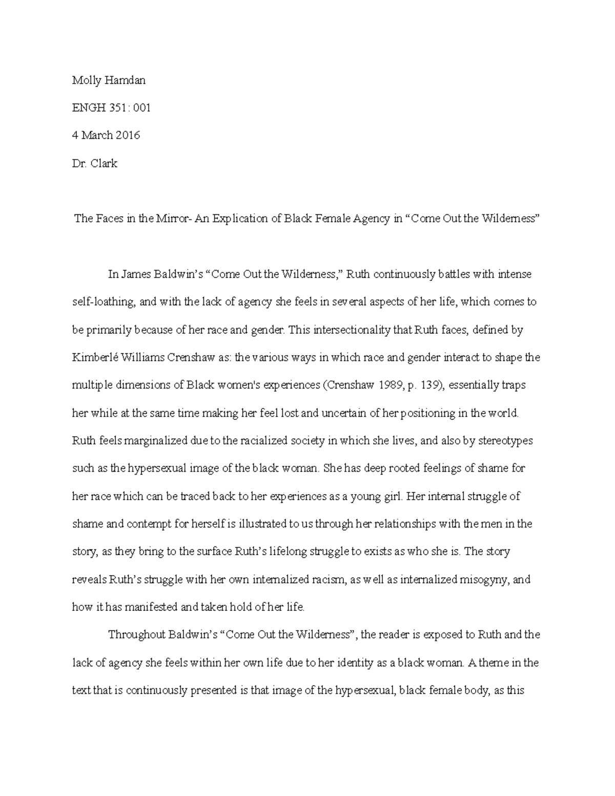 James Baldwin Essay - Molly Hamdan ENGH 351: 001 4 March 2016 Dr. Clark ...