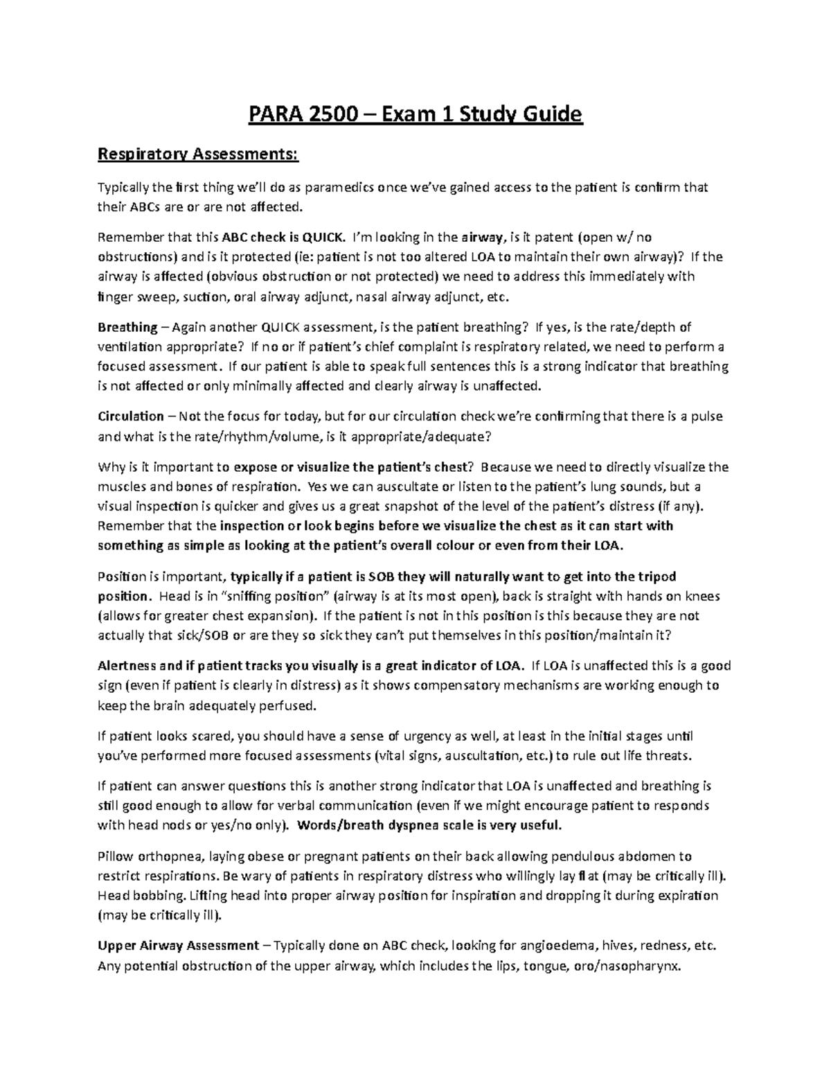 Exam 1 Study Guide - PARA 2500 – Exam 1 Study Guide Respiratory ...