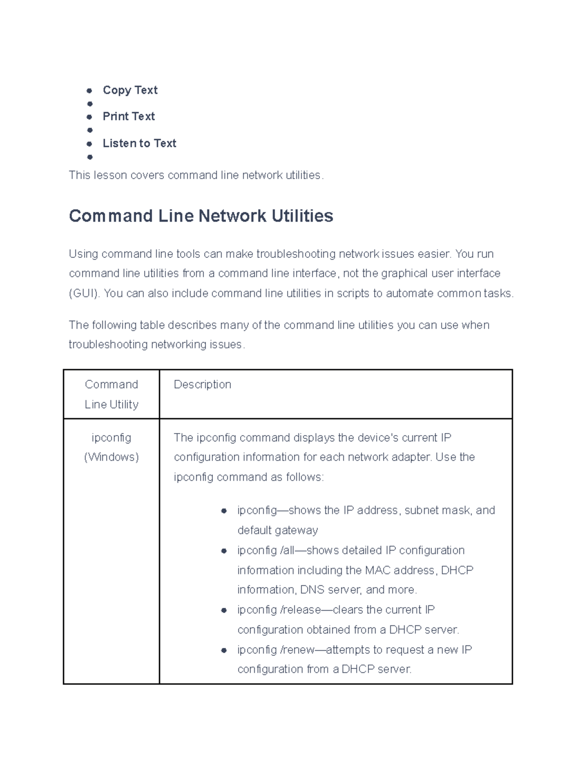 11.8.9 Command Line Network Utilities Facts - Copy Text Print Text ...
