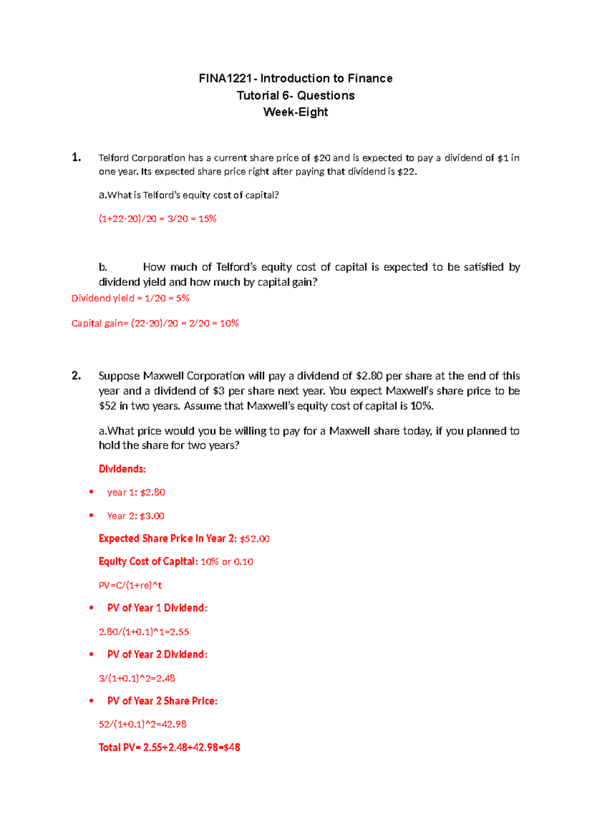 Tutorial 6 questions - FINA1221- Introduction to Finance Tutorial 6 ...