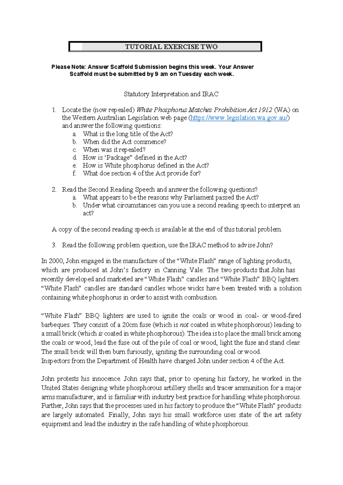 2022 Tutorial Exercise 2 (week 3) with Second Reading Speach - TUTORIAL EXERCISE TWO Please Note ...