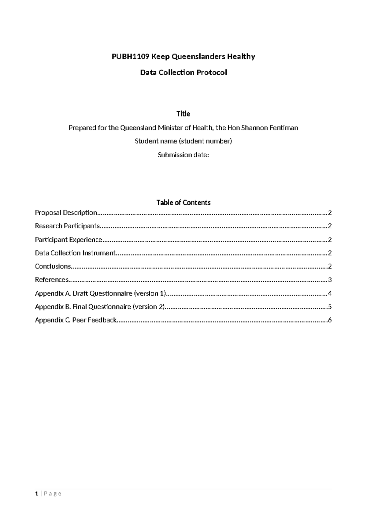 Assessment 3 Protocol Template(1) - PUBH1109 Keep Queenslanders Healthy ...