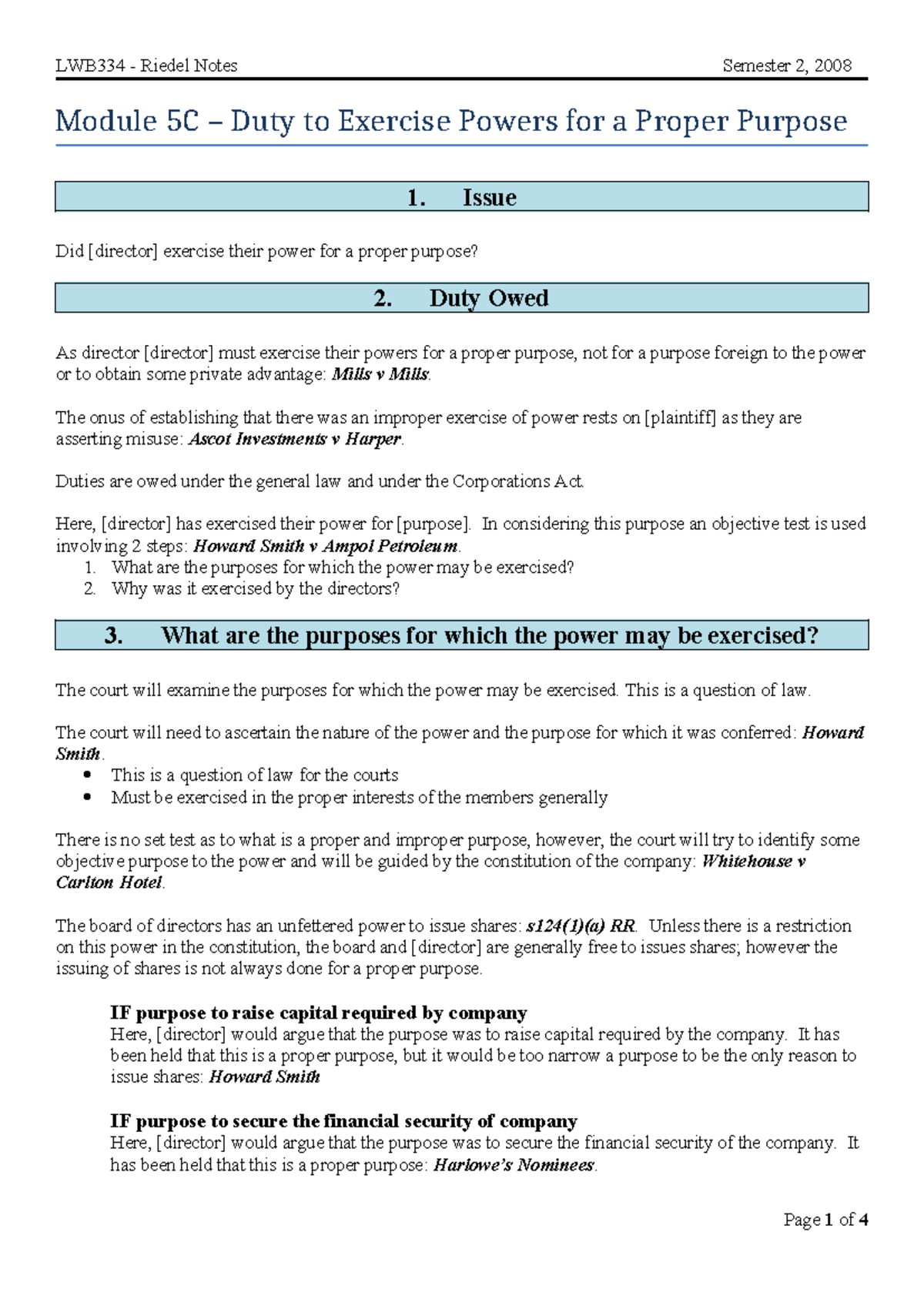 Module 5C (Wk 5) - Duty to act for a proper Purpose - Module 5C – Duty ...