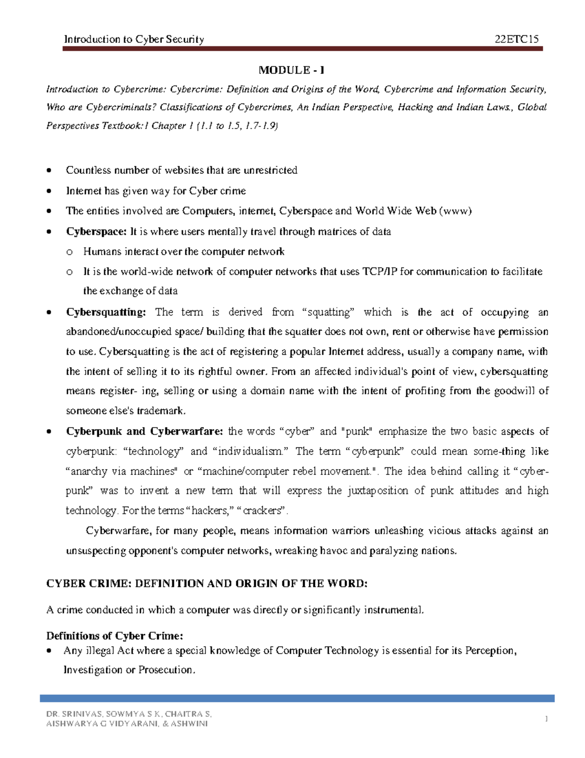 Cyber Security Module 1 - I/25I DR. SRINIVAS, SOWMYA S K, CHAITRA S ...