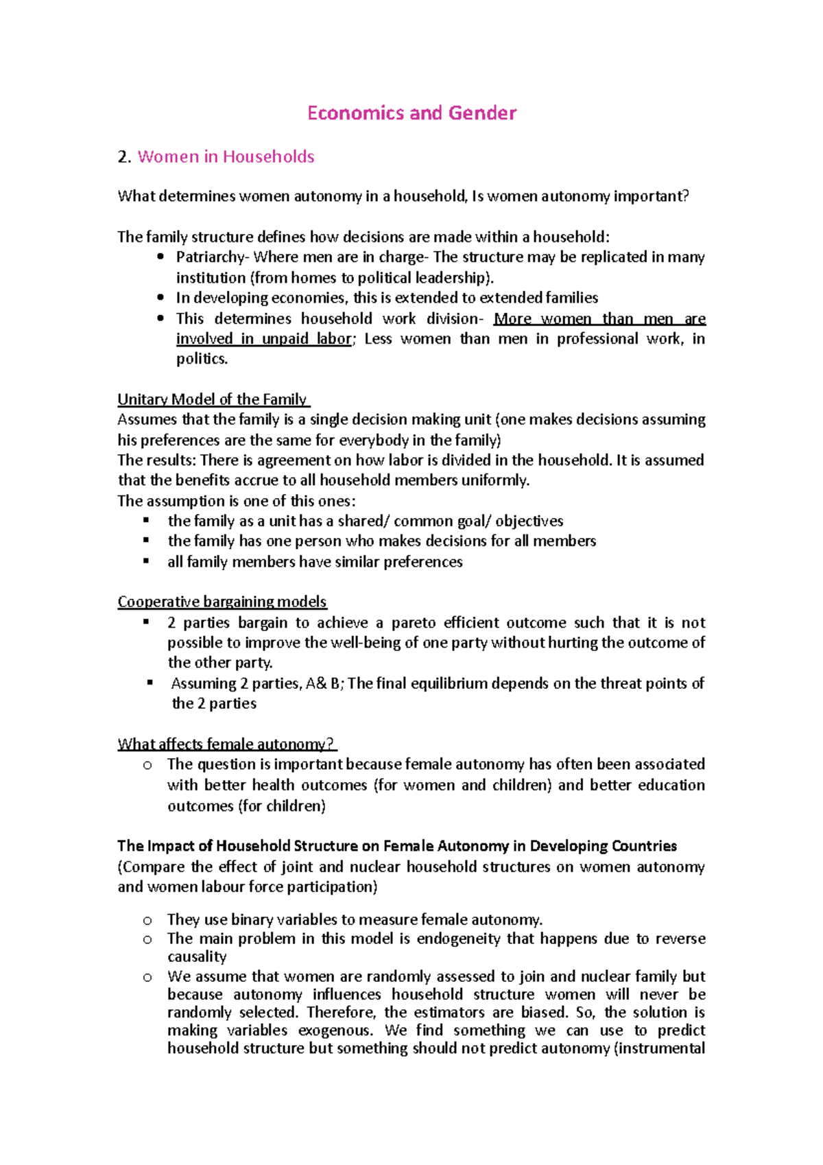 Resumos - study material for midterm - Economics and Gender 2. Women in ...