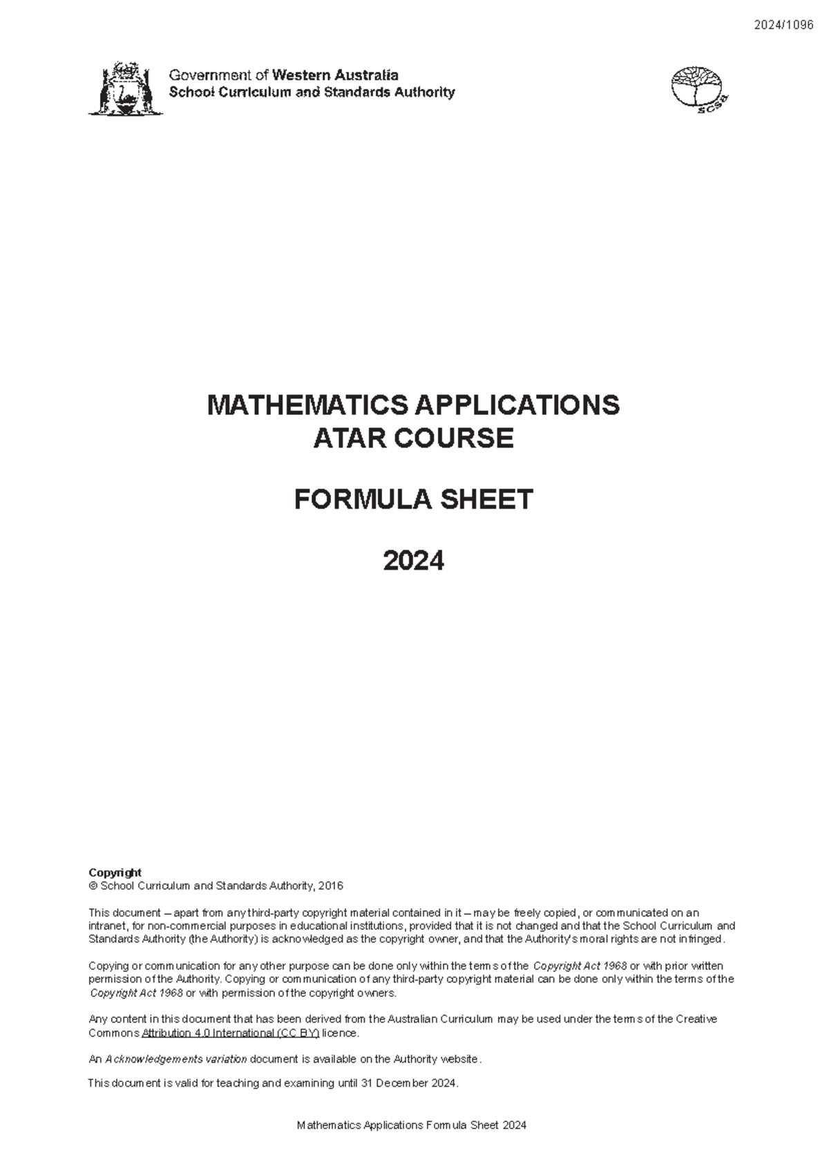 2024 MAA Formula Sheet - MATHEMATICS APPLICATIONS ATAR COURSE FORMULA ...