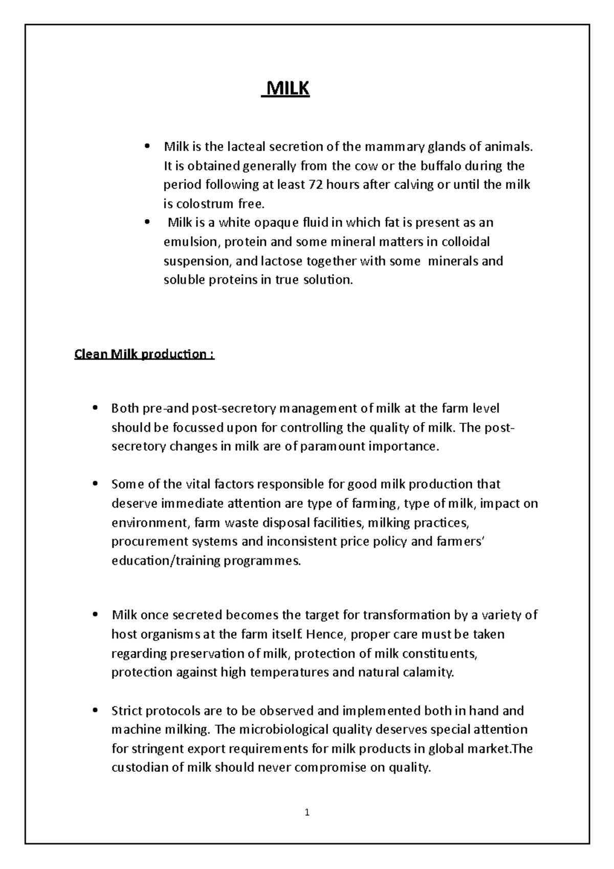 MILK - Lecture notes 5-6 - MILK Milk is the lacteal secretion of the ...