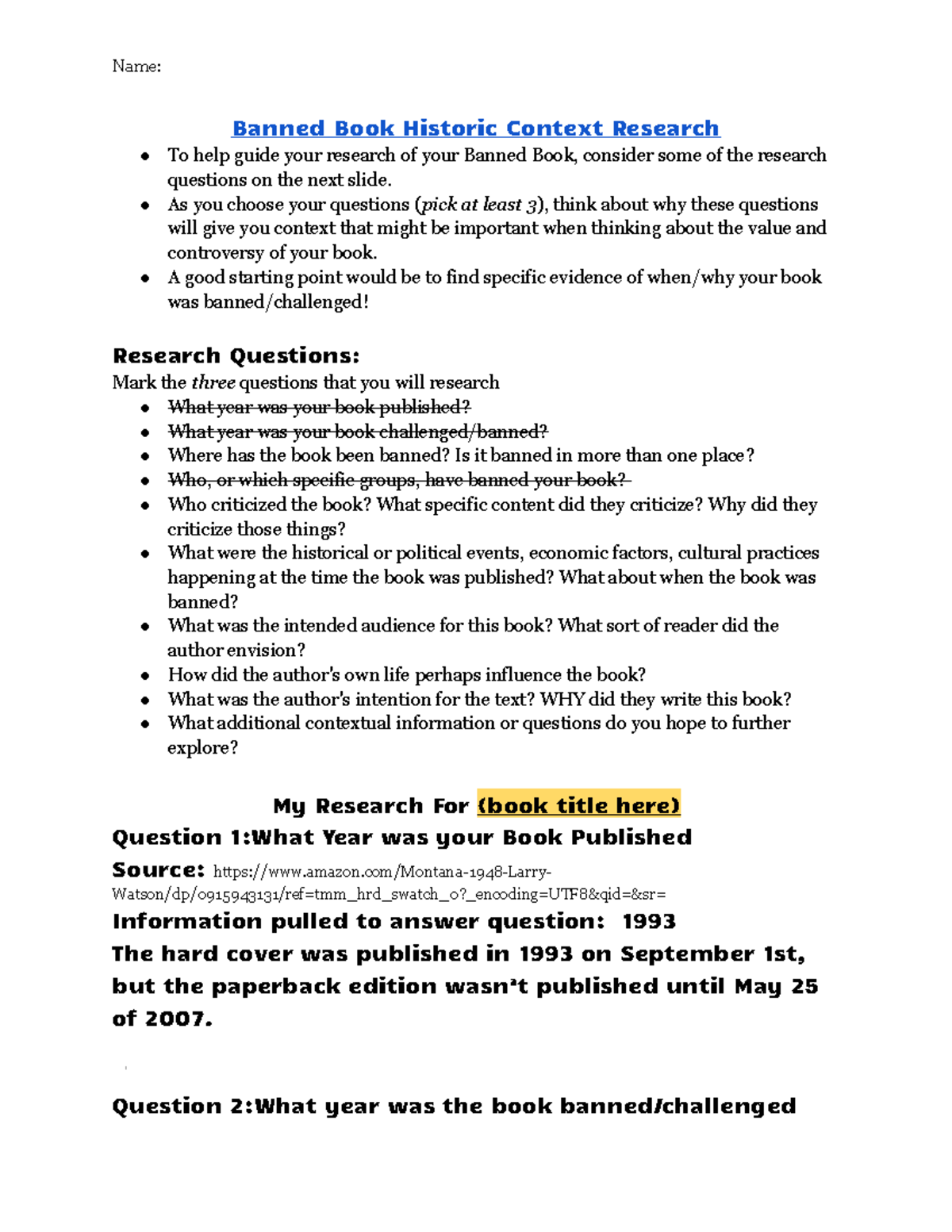 Banned Book Historic Context Research-3 - Name: Banned Book Historic ...