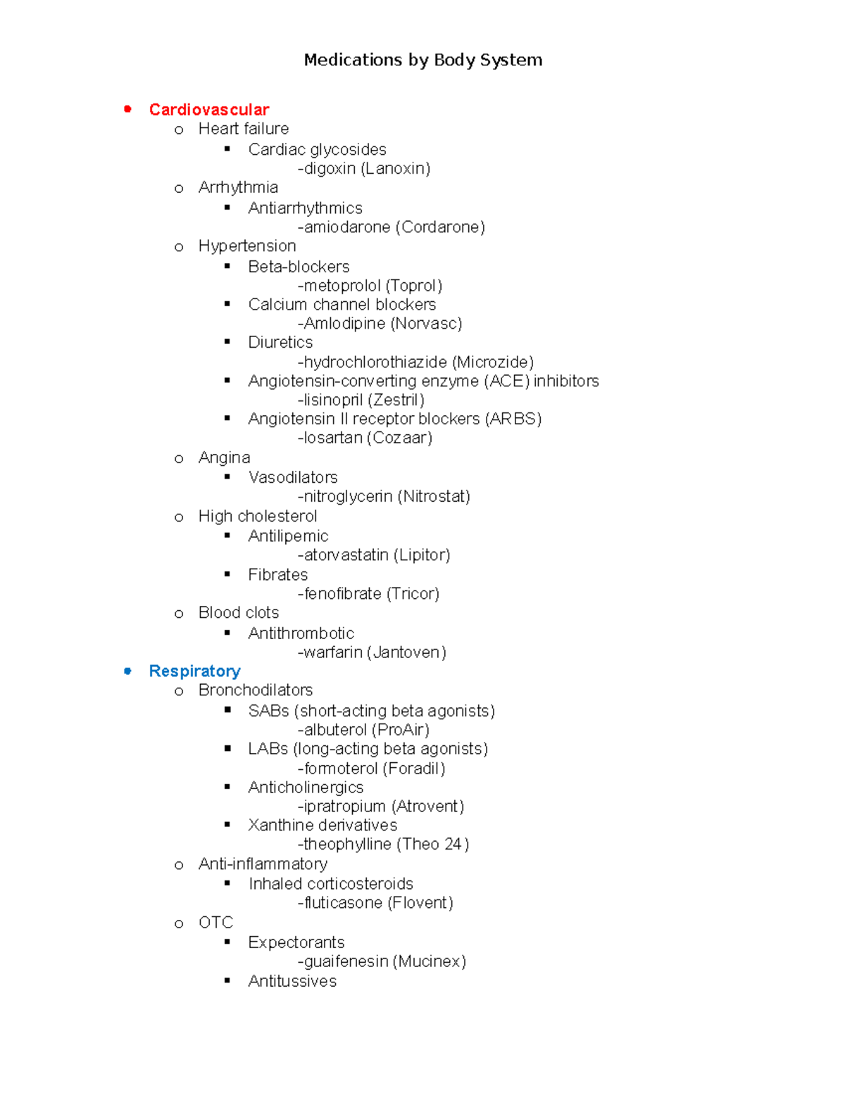 Medications by body system - Cardiovascular o Heart failure Cardiac ...