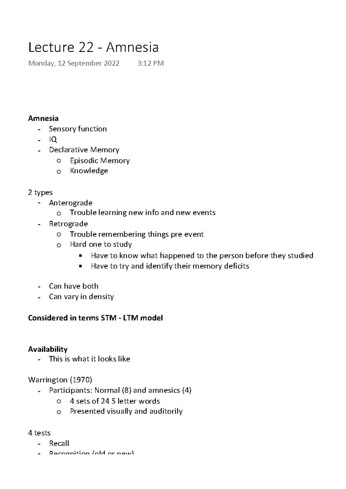 Lecture 22 Amnesia Amnesia Sensory Function Iq Declarative Memory ï Episodic Memory ï