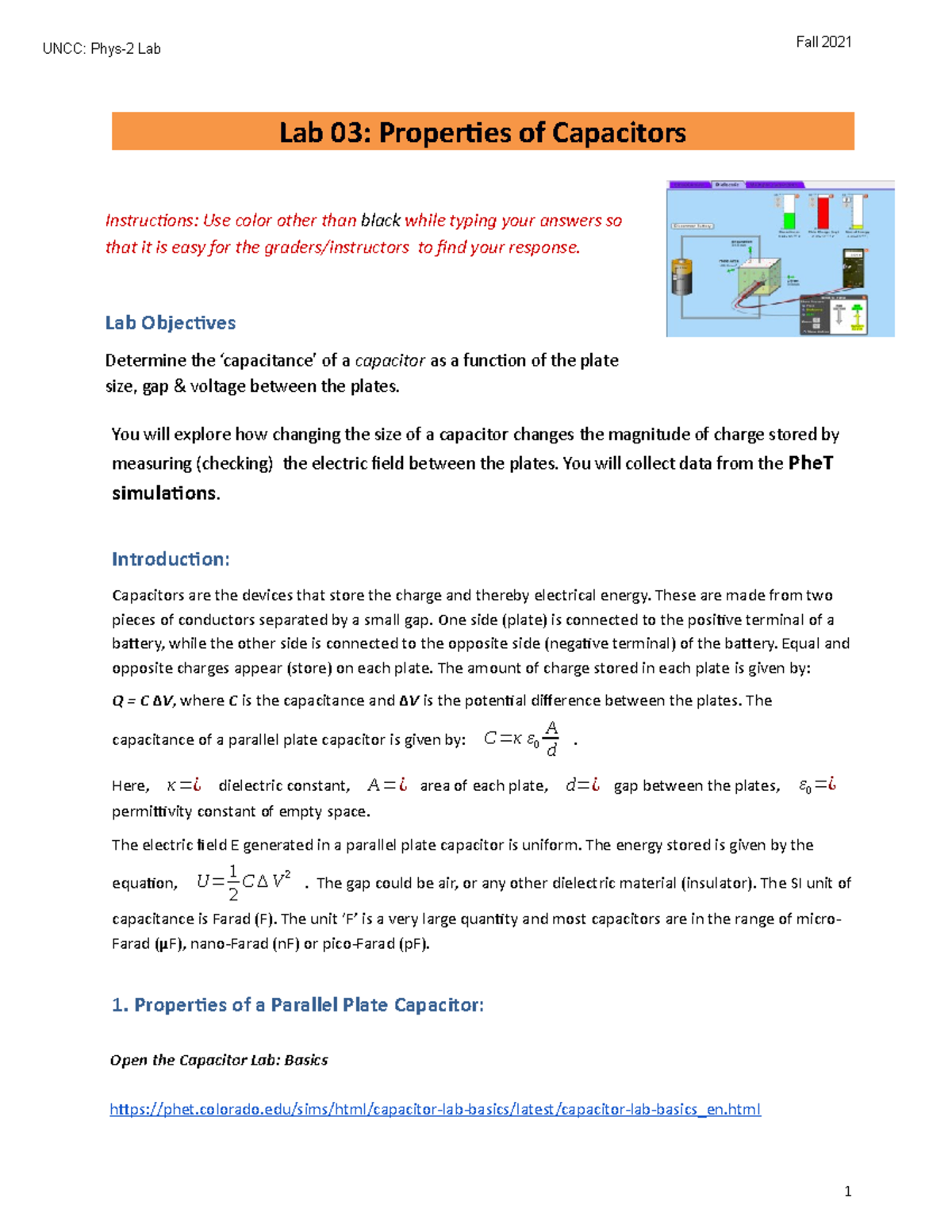 Lab-03 Capacitors and Capacitance - 2101 - UNC Charlotte - Studocu