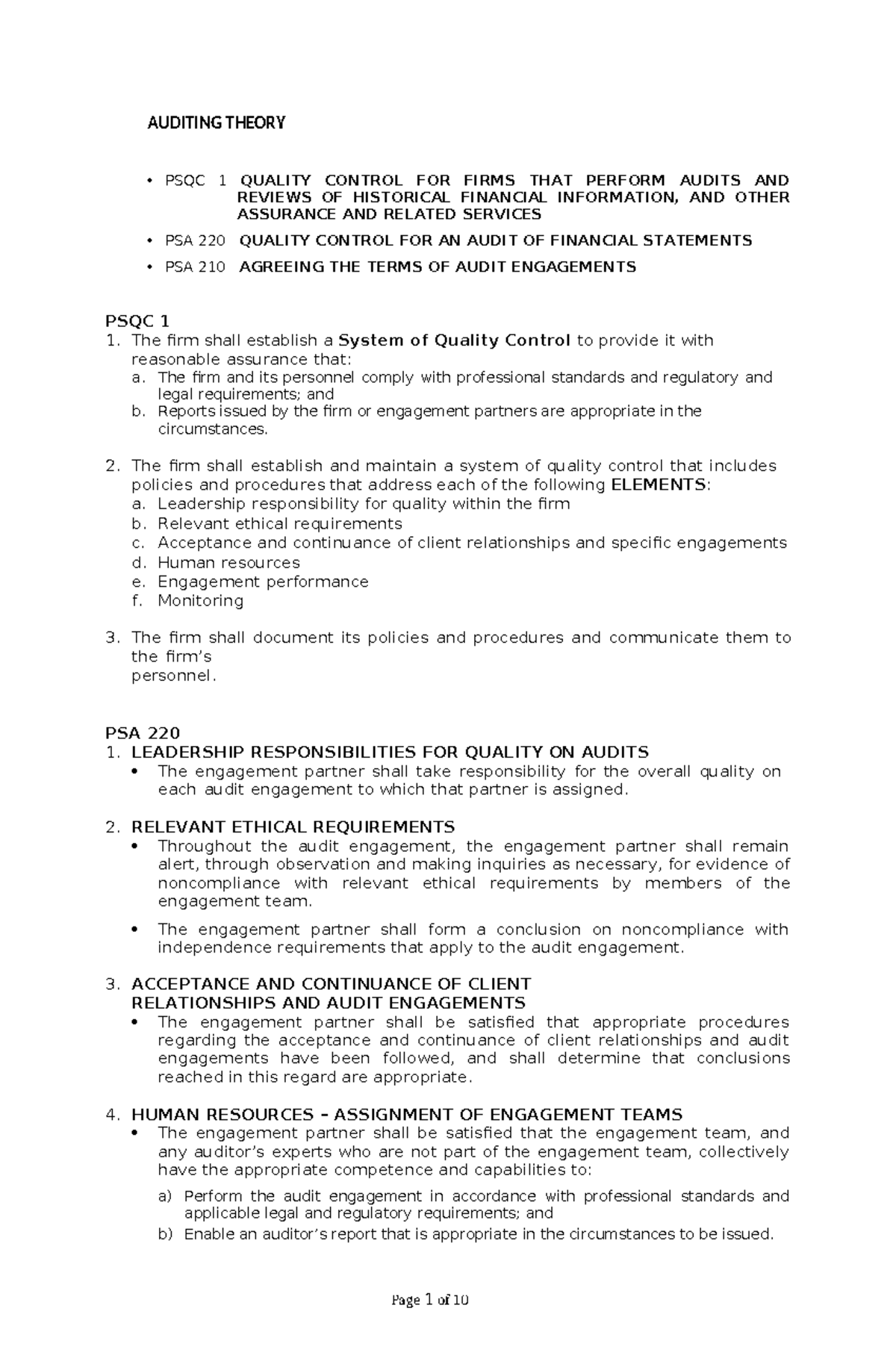 Chapter 2 - Auditing Theory - Page 1 of 10 AUDITING THEORY • PSQC 1 QUALITY CONTROL FOR FIRMS ...