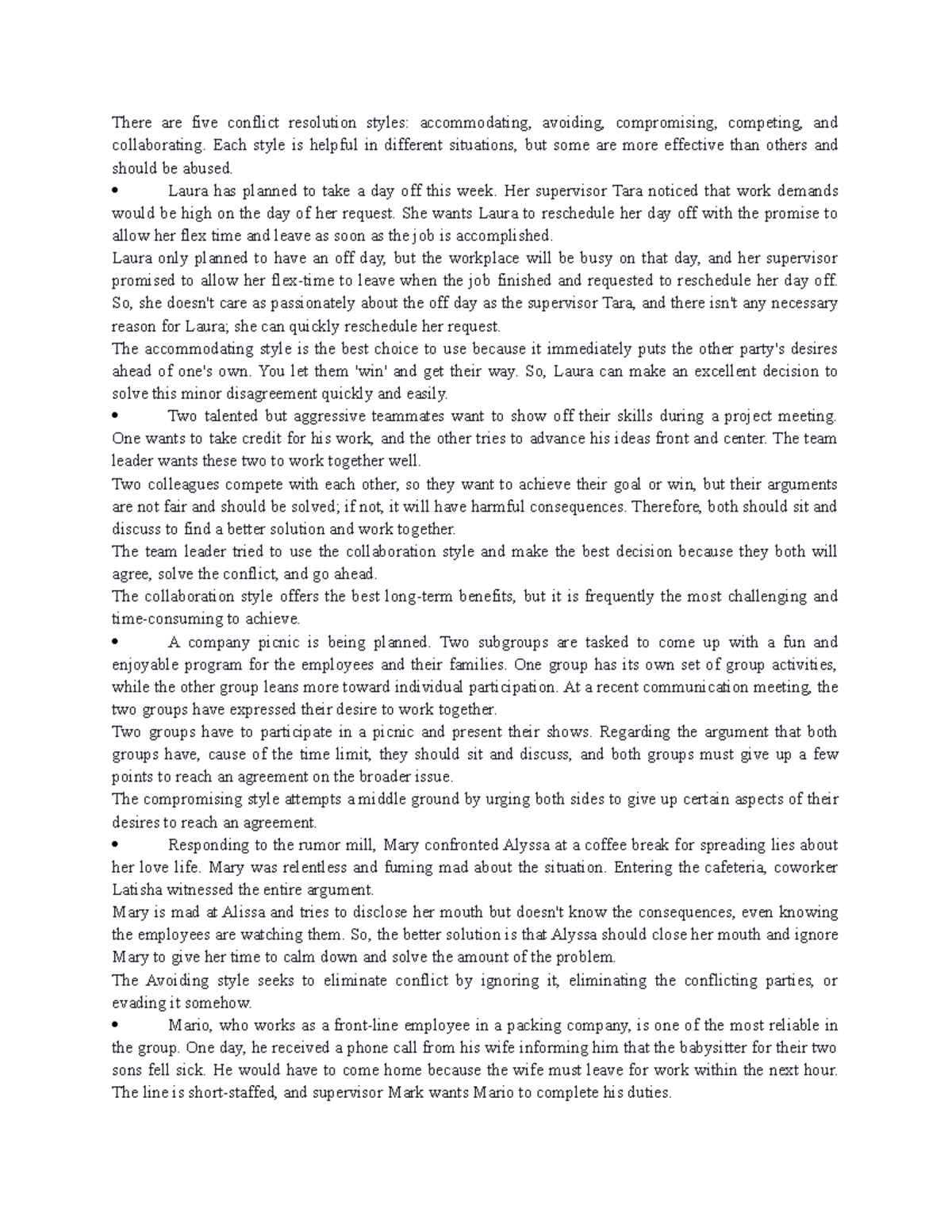Conflict Resolution Styles and Examples - Studocu