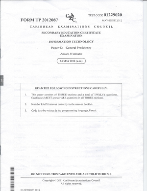 CSEC Information Technology Paper 1 Booklet (2014 - 2021) - .. I . T CODE 01229010 FQRl\1: TP ...