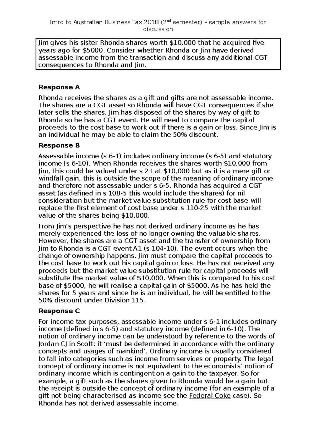 Intro 2018 sample answers - Intro to Australian Business Tax 2018 (2nd ...