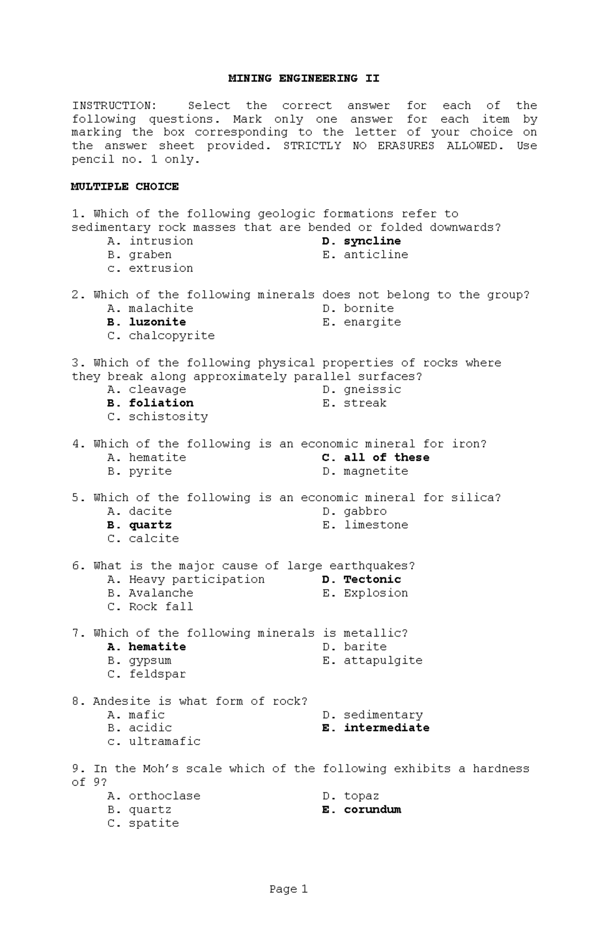 MELE pre-board 4 - Mining engineering licensure pre-board with answer ...