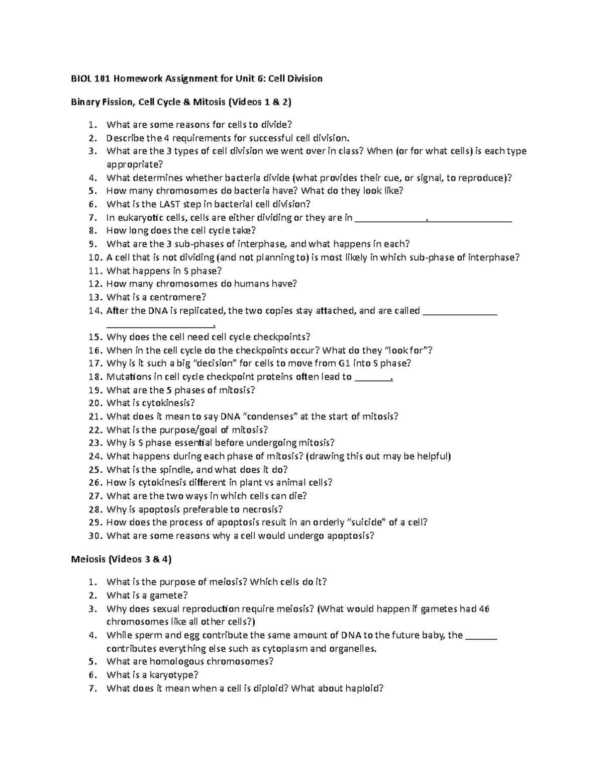 BIOL 101 HW - Cell Division - BIOL 101 Homework Assignment for Unit 6: Cell Division Binary ...