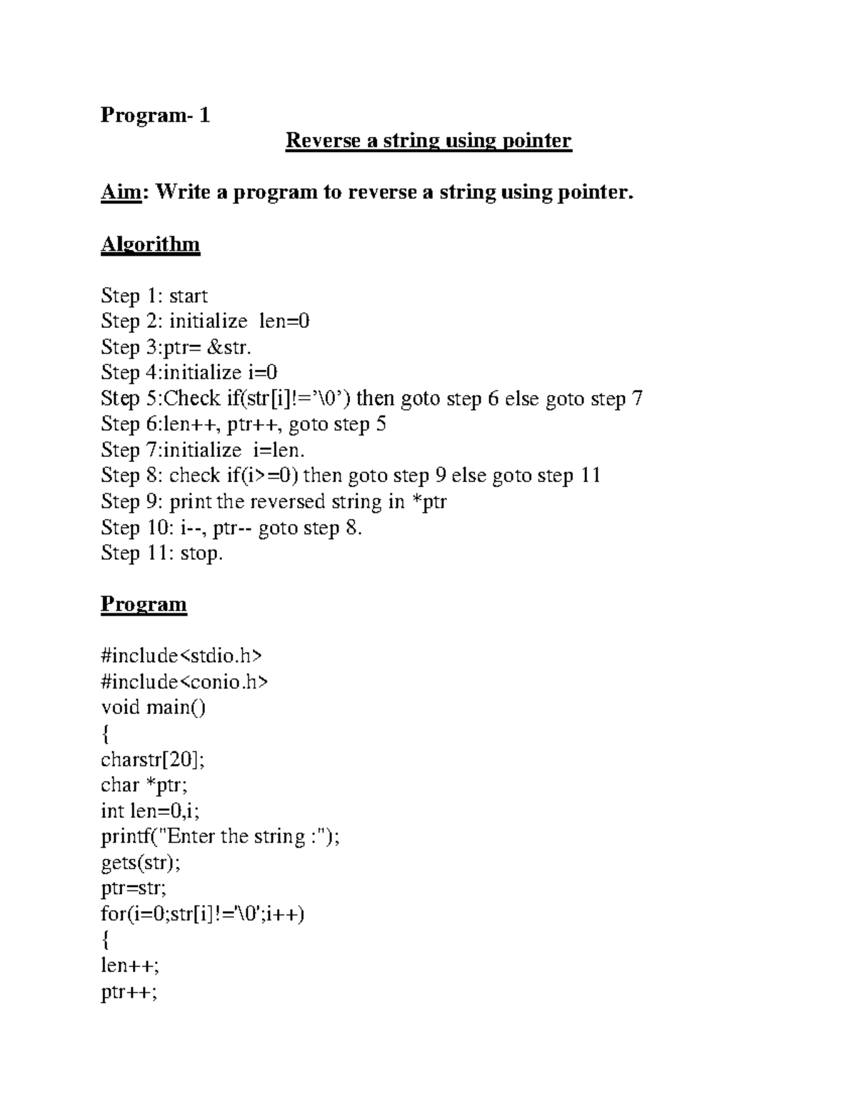 Data structure lab record - Program- 1 Reverse a string using pointer Aim: Write a program to ...
