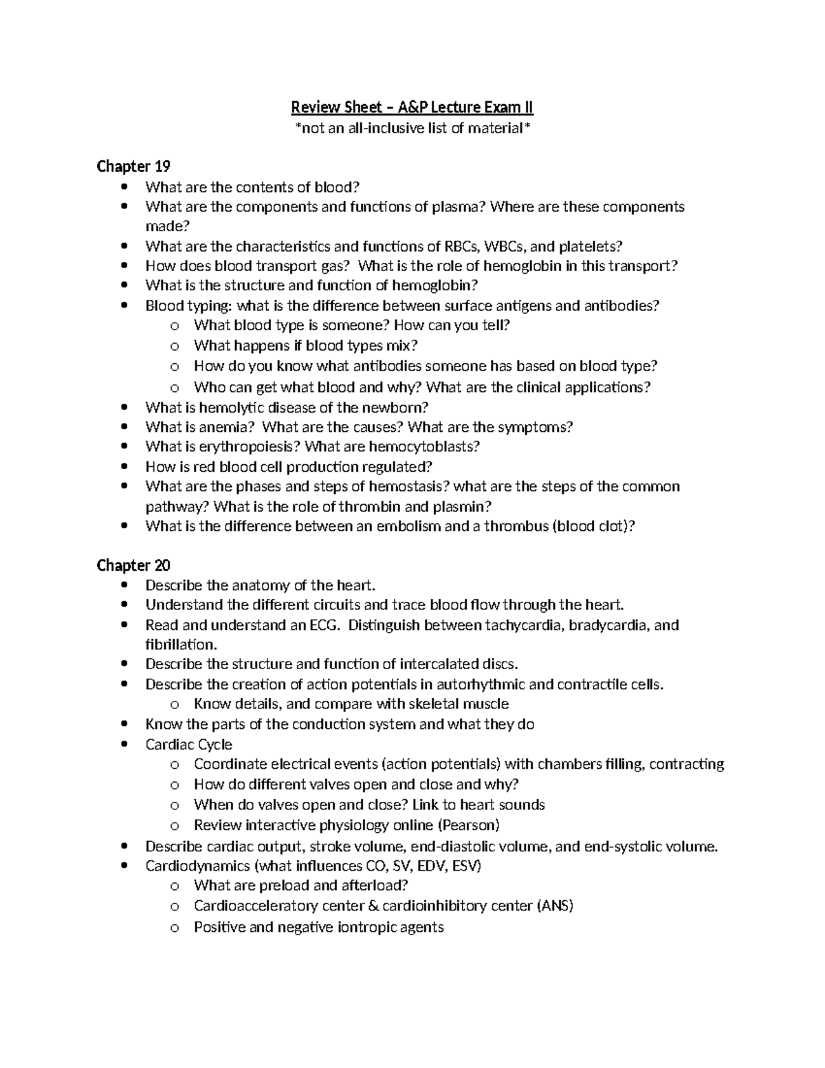 Exam II Review Sheet - Review Sheet – A&P Lecture Exam II not an all ...