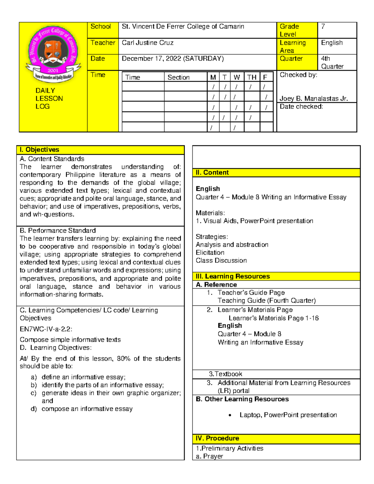 Skeletal writing lesson plan - DAILY LESSON LOG School St. Vincent De ...