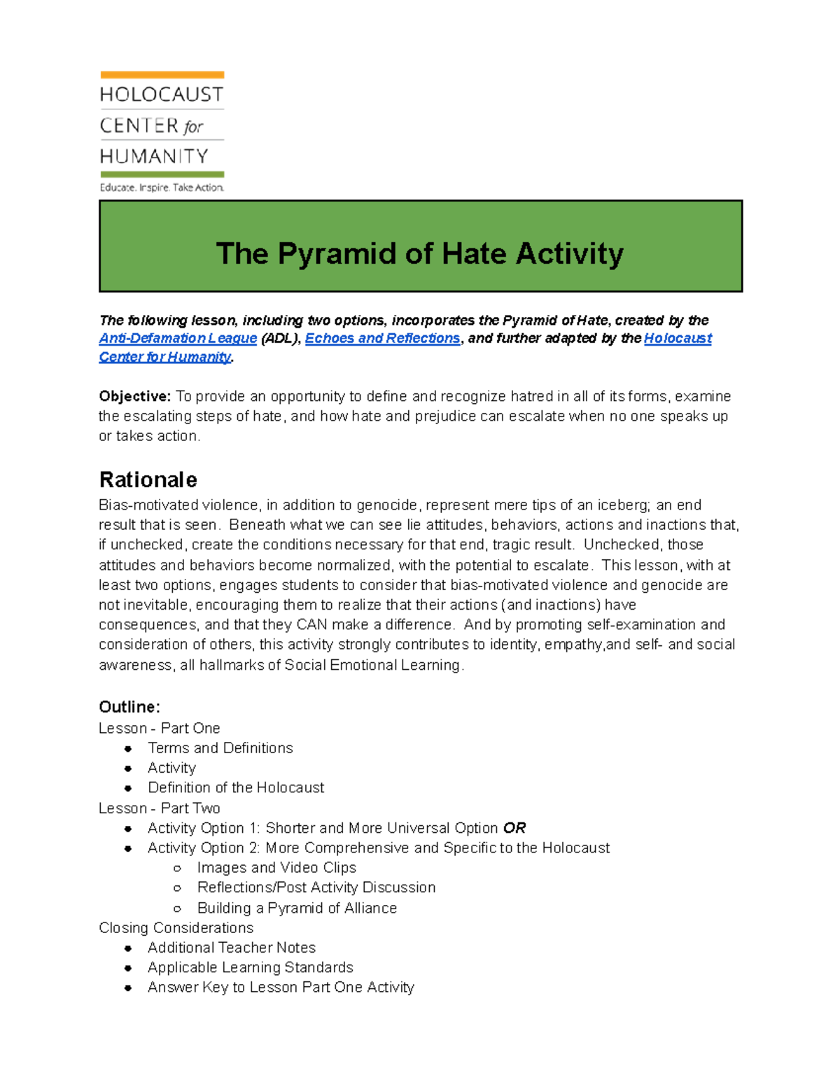 Pyramid of Hate Lesson (HCH, Echoes, ADL) - Google Docs - The Pyramid ...