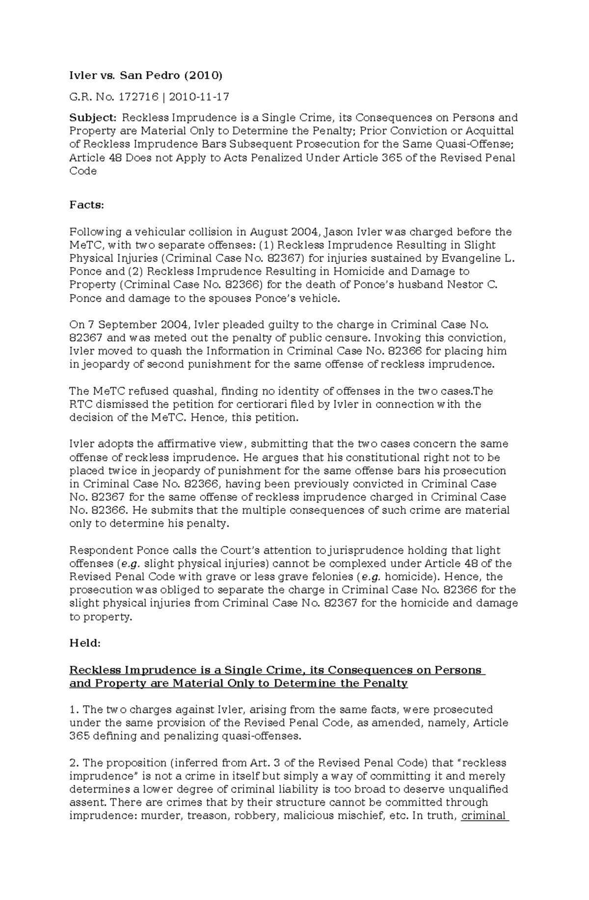 Ivler-Digest - A case digest on the Ivler case. - Ivler vs. San Pedro ...