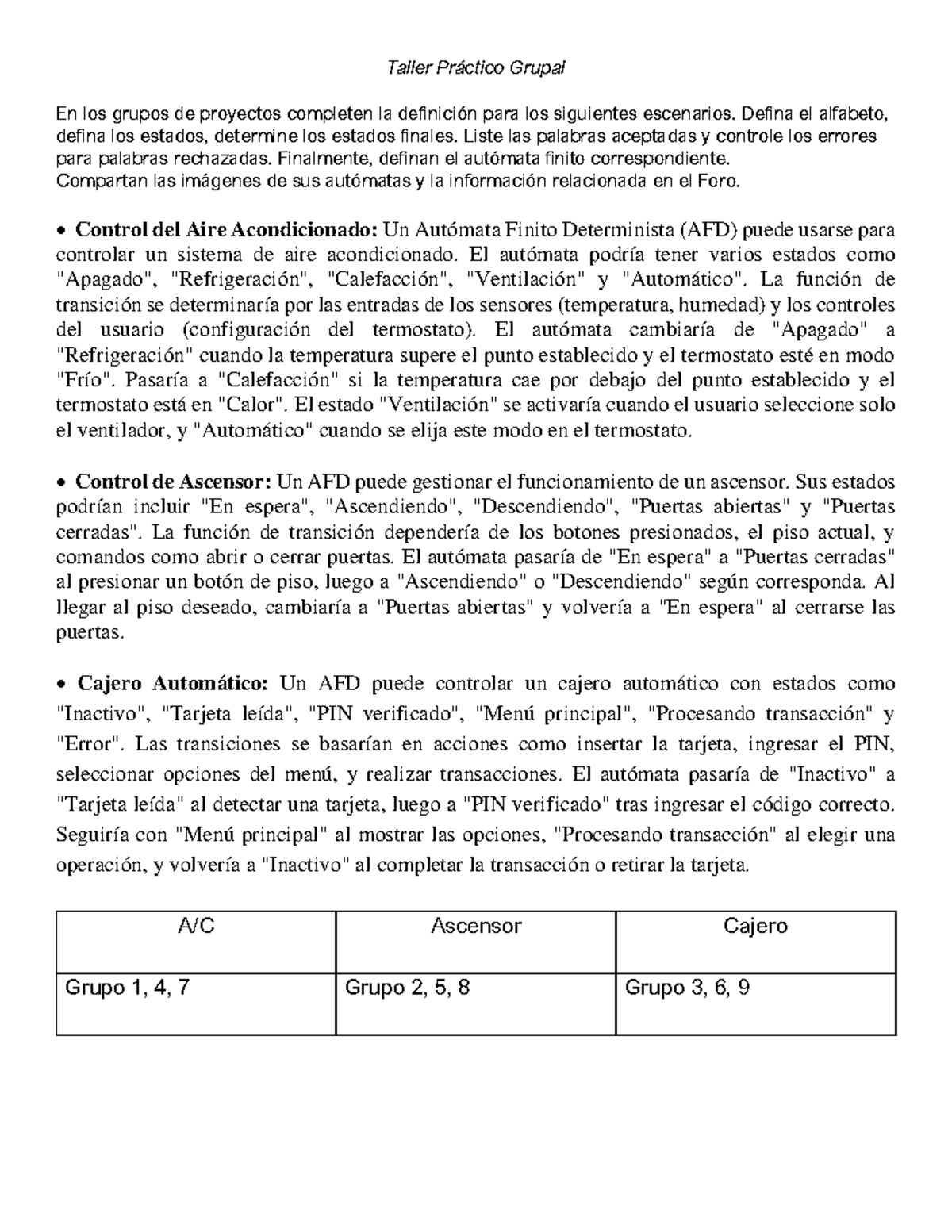 Taller 2 Grupal - AFDs - Taller Práctico Grupal En los grupos de proyectos completen la ...