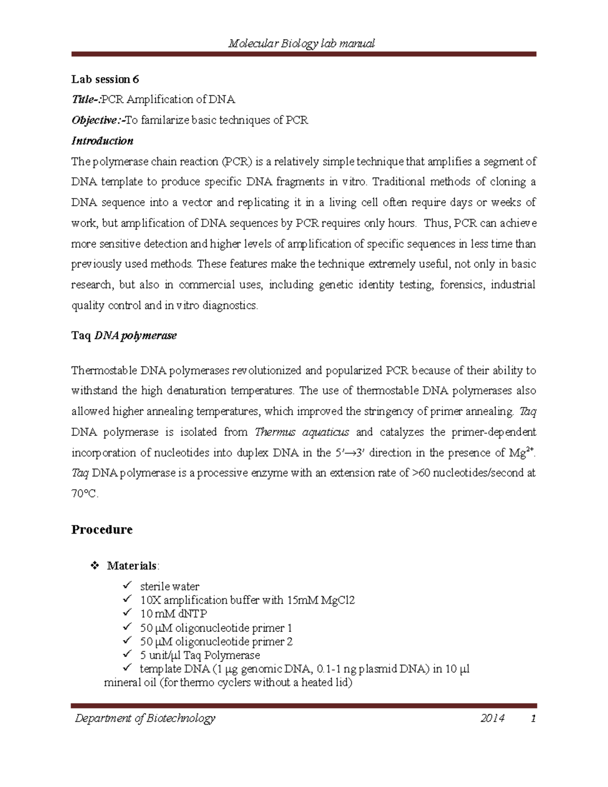 Lab-7-PCR Amplification of DNA - Molecular Biology lab manual Lab ...