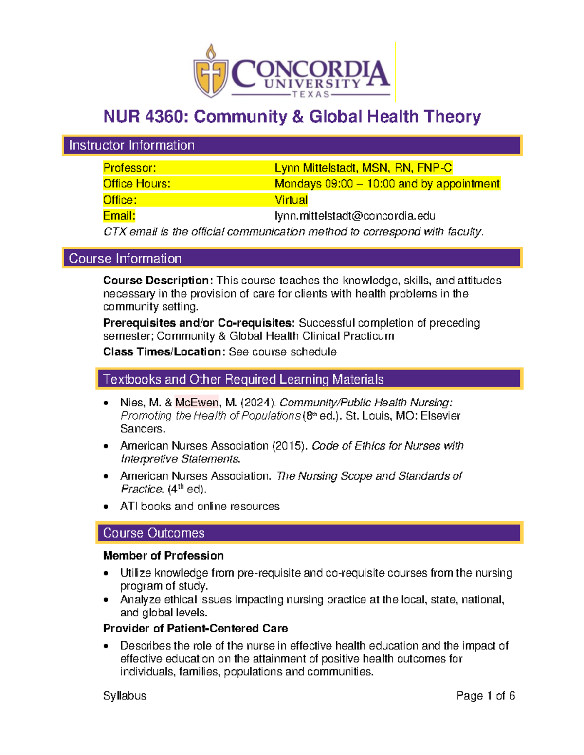 NUR 4360 Community Global Health Theory Syllabus Spring 2024 - NUR 4360 ...