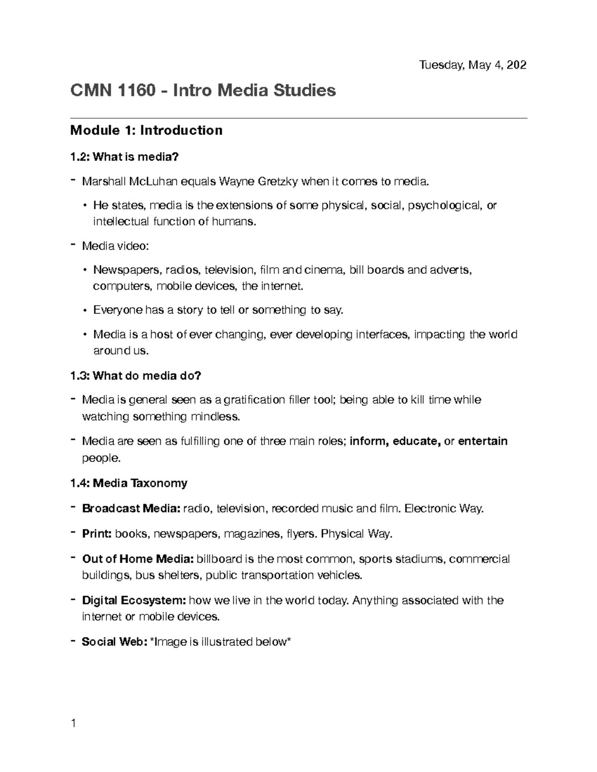 CMN 1160 Notes - All the lectures during Summer Term - CMN 1160 - Intro ...