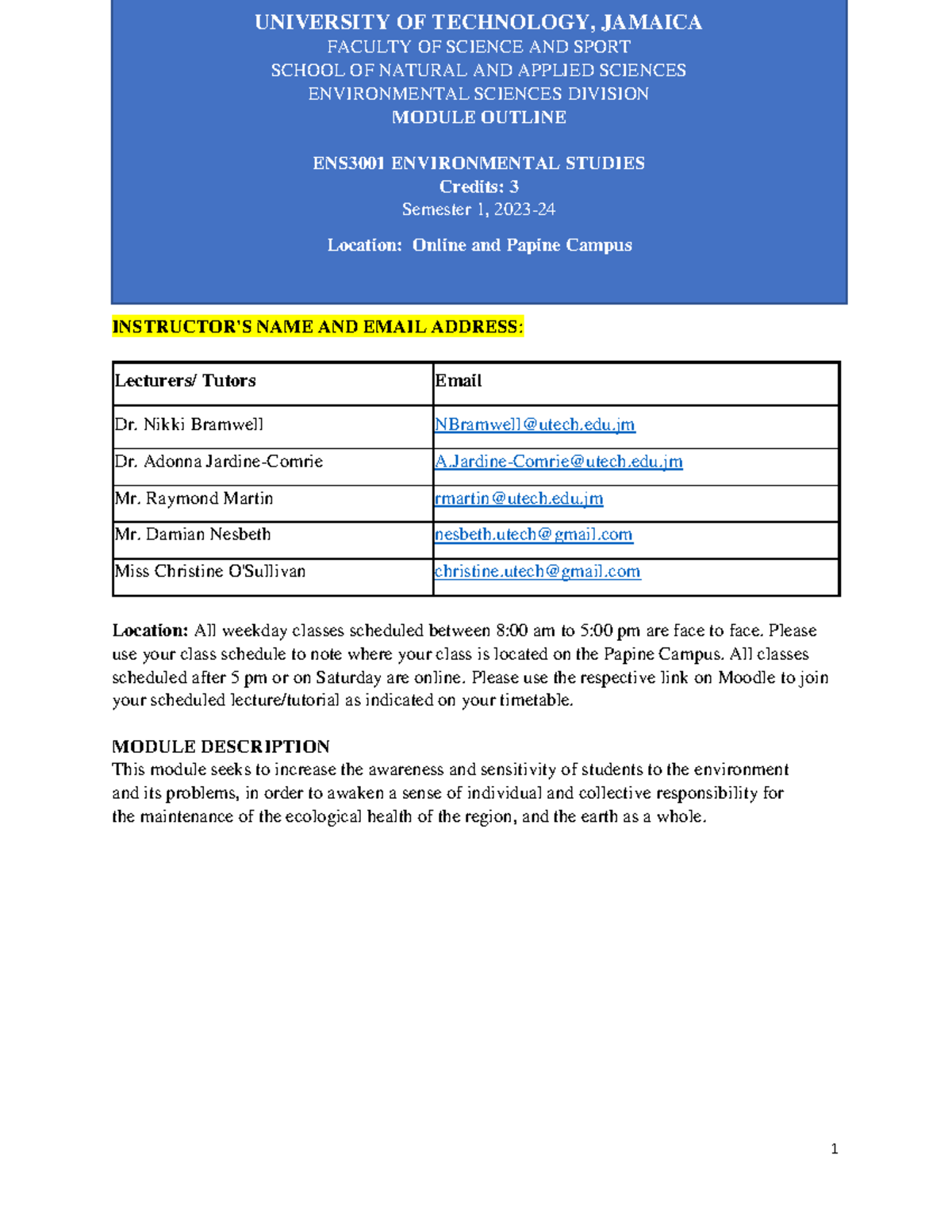 ENS3001 Module Outline AY2023-24 Semester 1 - INSTRUCTOR'S NAME AND ...