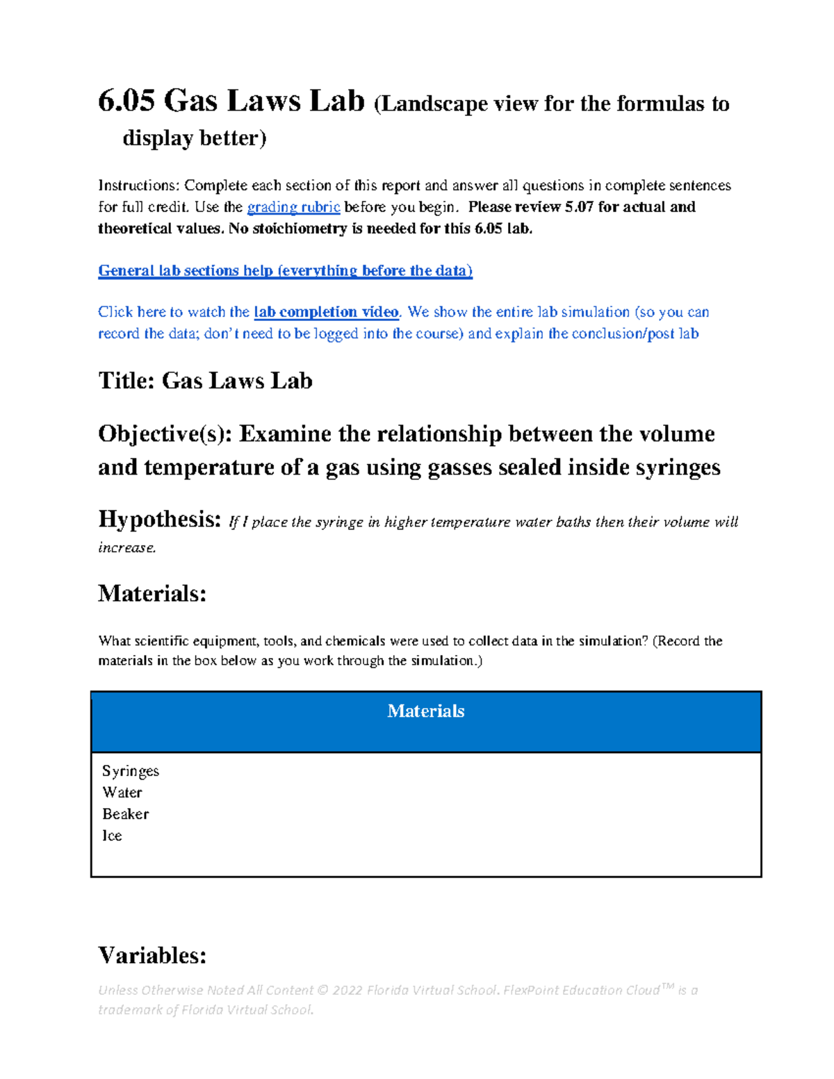 6.05 Gas Laws Lab-V22 - bsdgsdag - Unless Otherwise Noted All Content ...