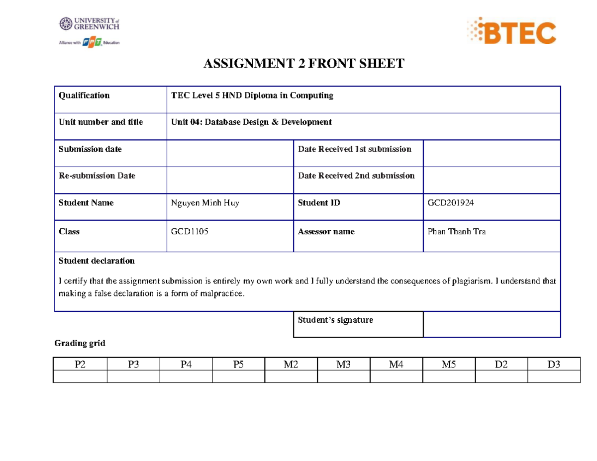 Nguyenminhhuy GCD2019 24 Assignment 2 Database Design Development - ASSIGNMENT 2 FRONT SHEET ...