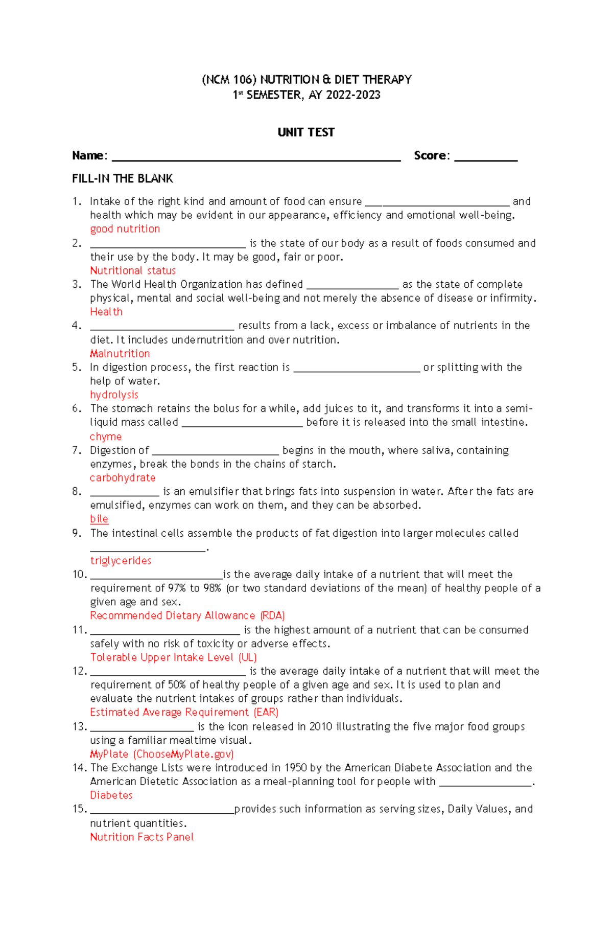 Nutrition- unit test reviewer - (NCM 106) NUTRITION & DIET THERAPY 1 st ...